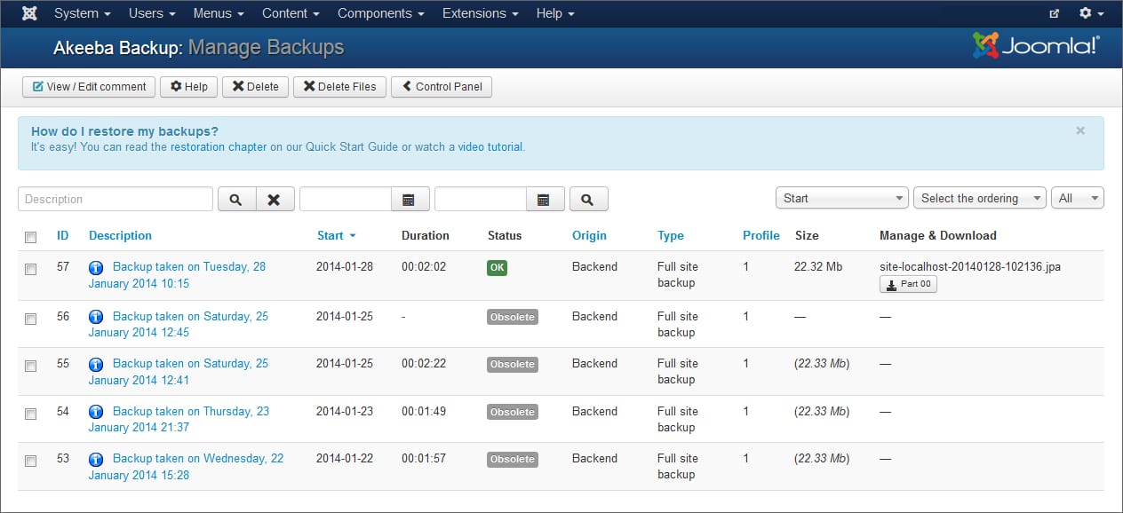 Backup a Joomla Website Using Akeeba